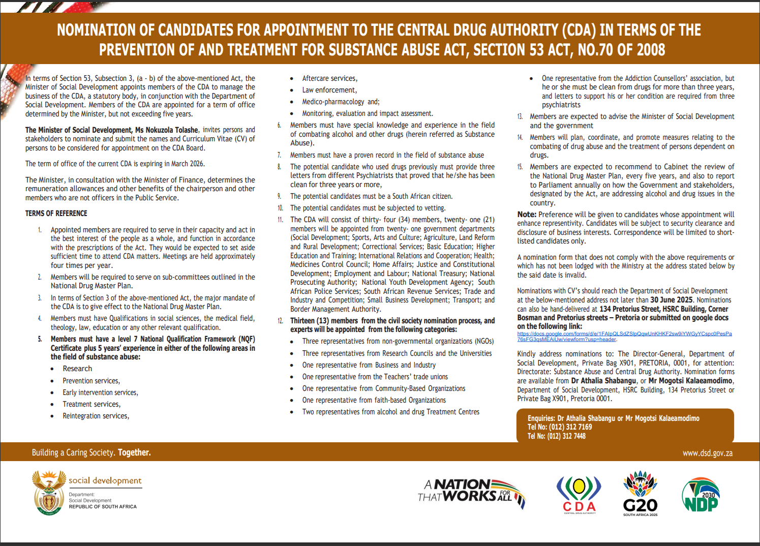 Department of Social Development - CDA member advert and nomination forms